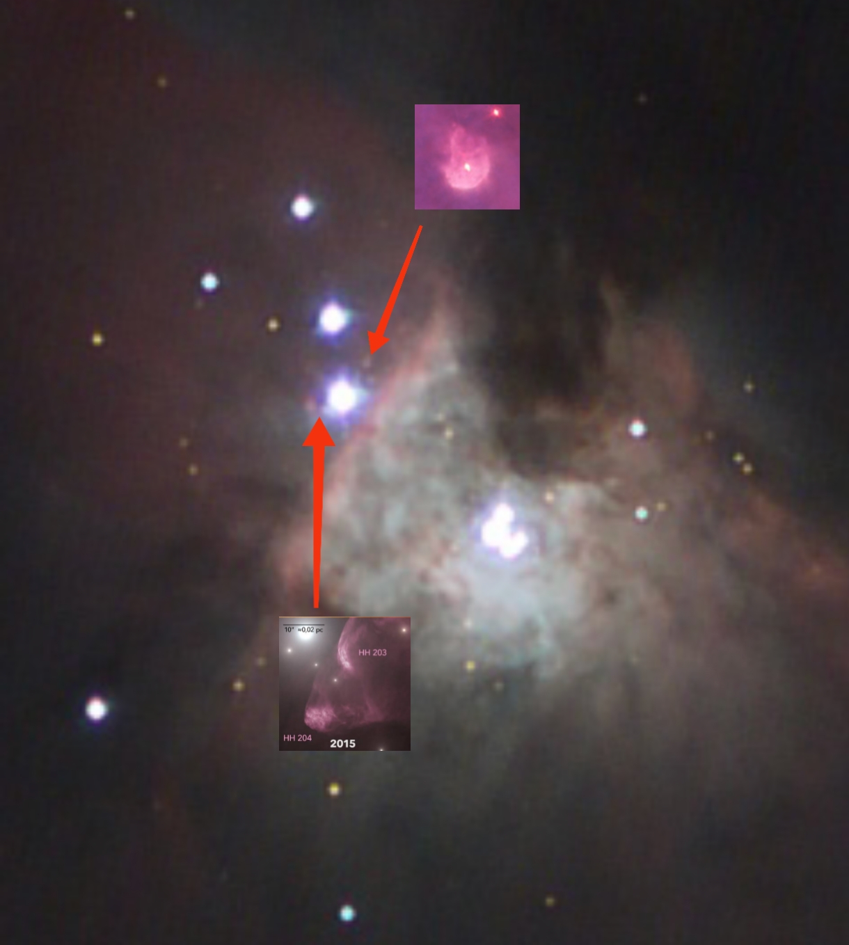 Orion core, protoplanetary disk and herbig haro 203 & 204 Planetary mode, 1x Lights : 4mins ...