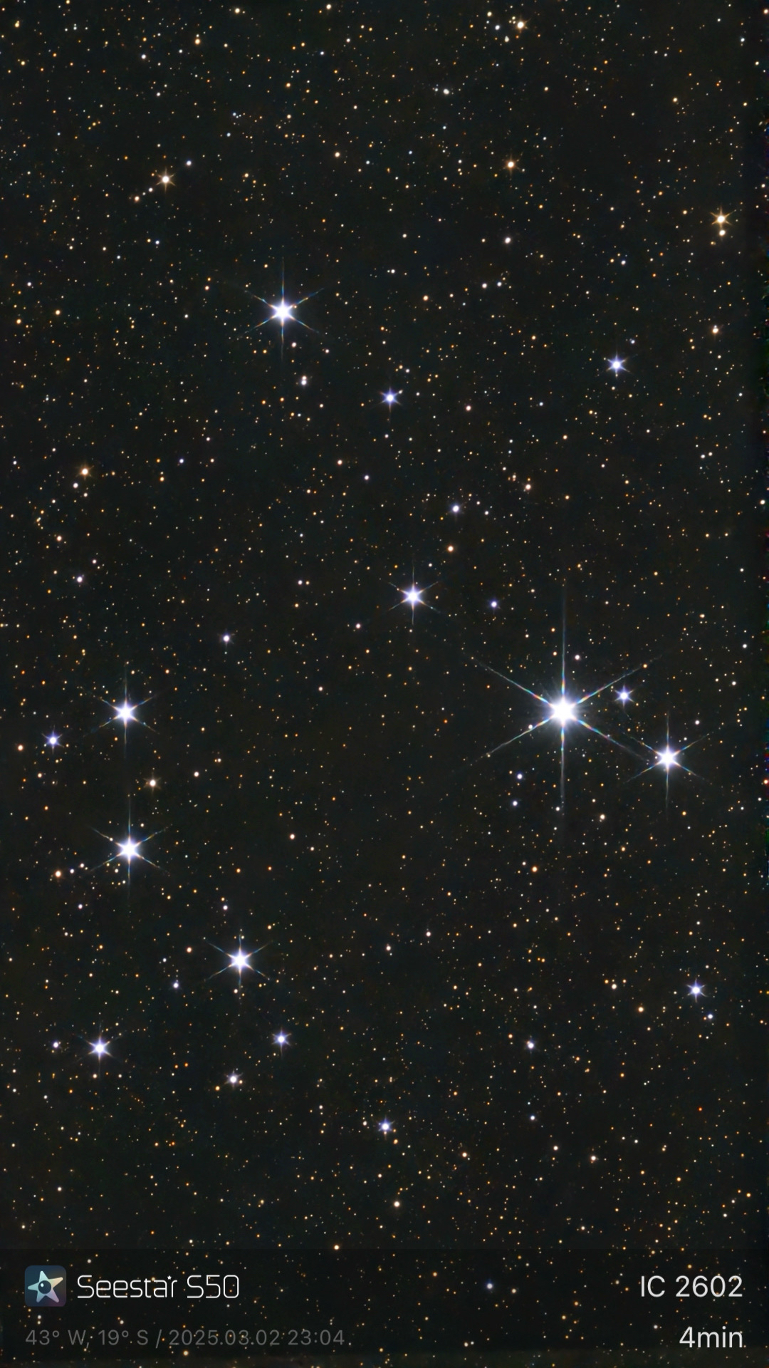 IC 2602 open cluster in Car. Known as Southern Pleiades or Theta Carinae Cluster. Using ...