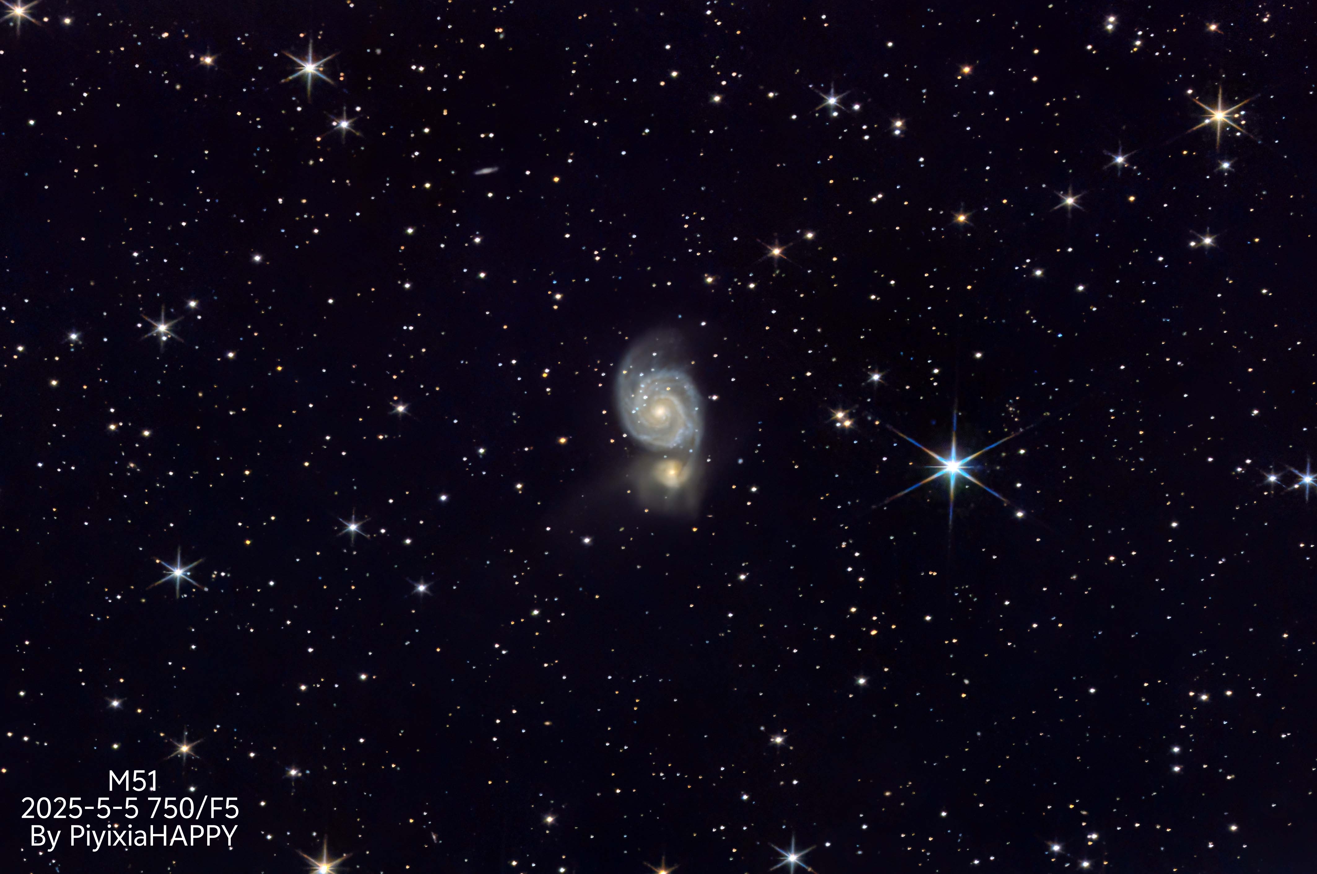 试着加装仿詹姆斯韦伯太空望远镜星芒的星芒架拍摄的M51，设备调校以及后期处理不太完美，未来会多加研究和改善☺️